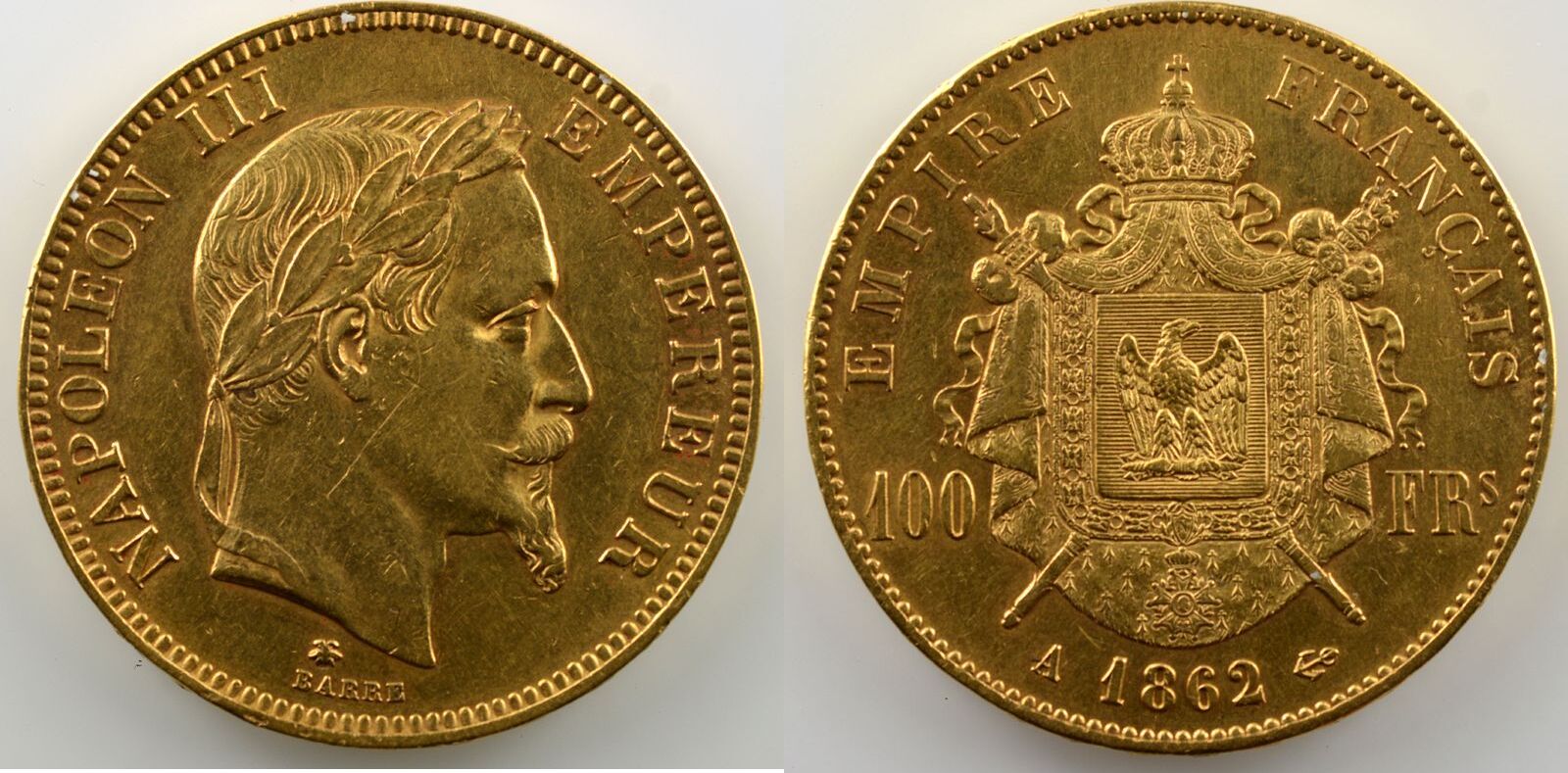 French gold coins 100 Francs G.1136 100 Francs Napoléon III, tête laurée 1862 A (Paris) TTB VF ...
