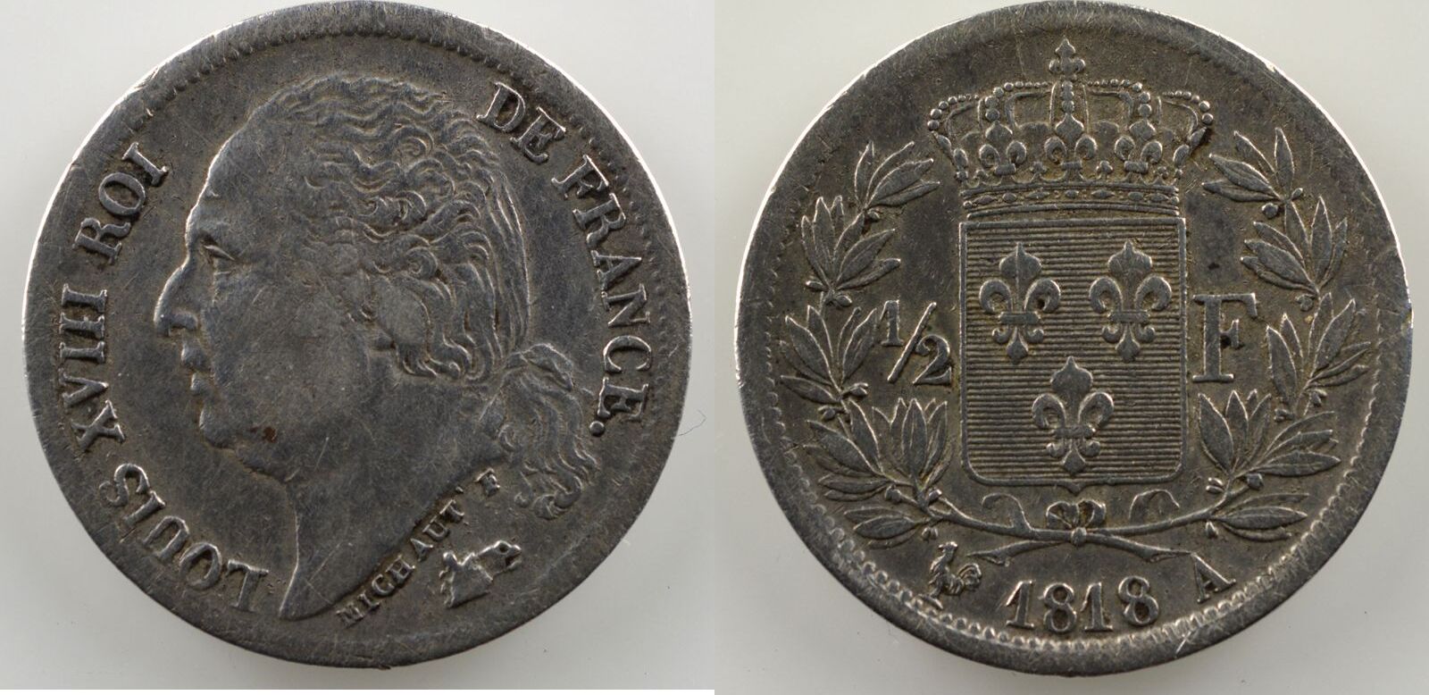 Coins of France 1793-1959 1/2 Franc G.401 Louis XVIII 1818 A (Paris ...