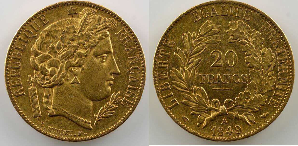 French gold coins 20 Francs G.1059 20 Francs Cérès 1849 A (Paris) TTB VF | MA-Shops