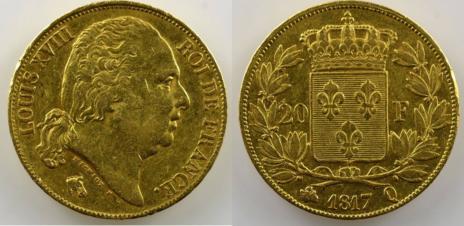 French gold coins 20 Francs G.1028 20 Francs Louis XVIII buste nu 1817 Q (Perpignan) TB+/TTB F+ ...