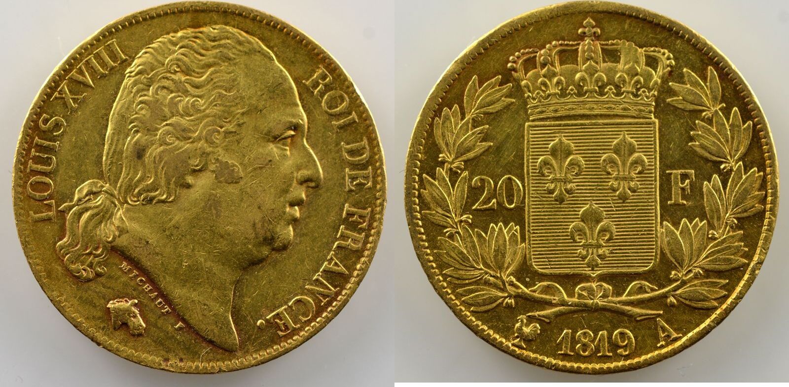 French gold coins 20 Francs G.1028 20 Francs Louis XVIII buste nu 1819 A (Paris) TTB/SUP VF / EF ...