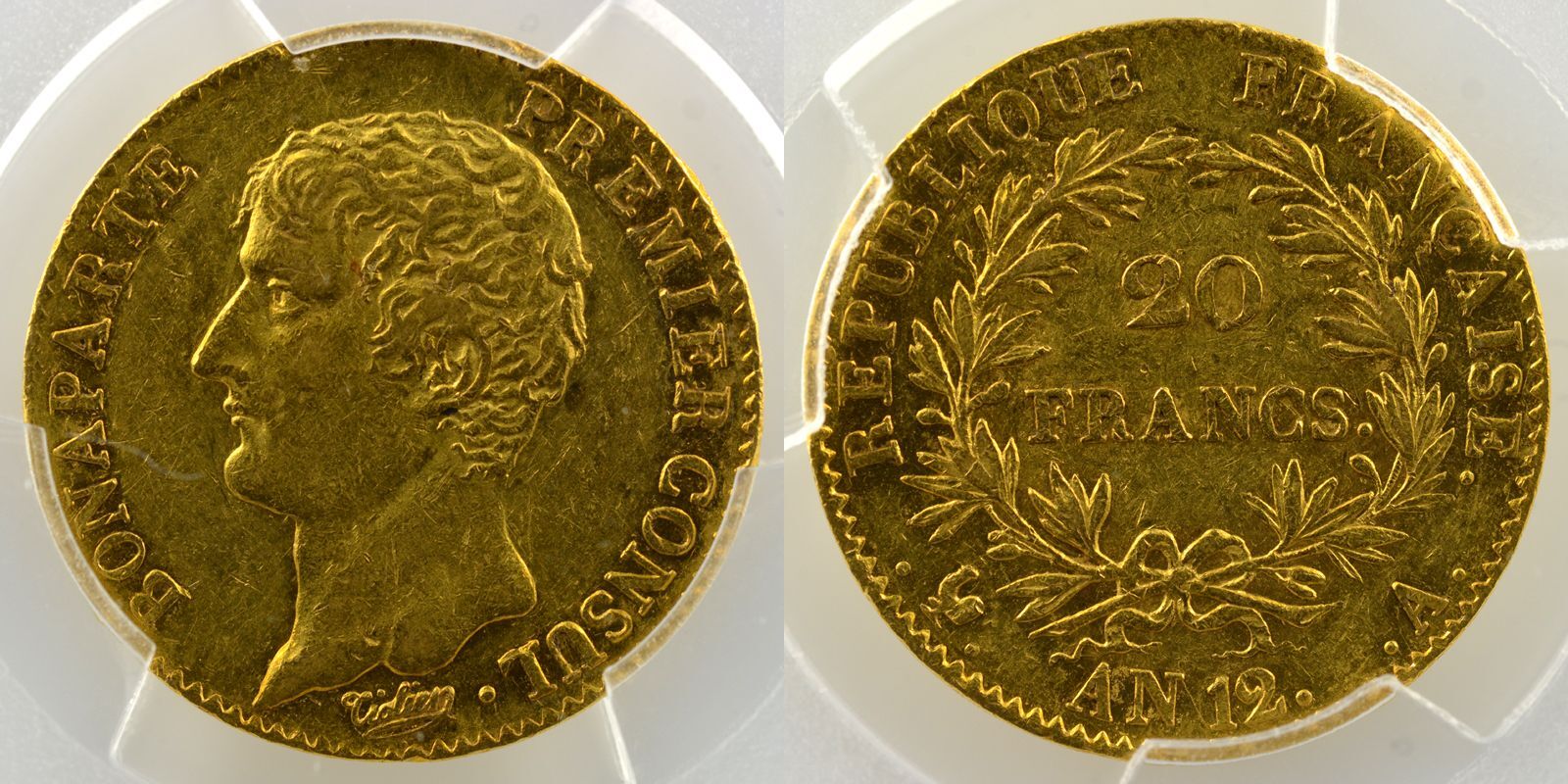 French gold coins 20 Francs G.1020 20 Francs Bonaparte 1er Consul AN 12 A (Paris) PCGS-AU58 SUP ...