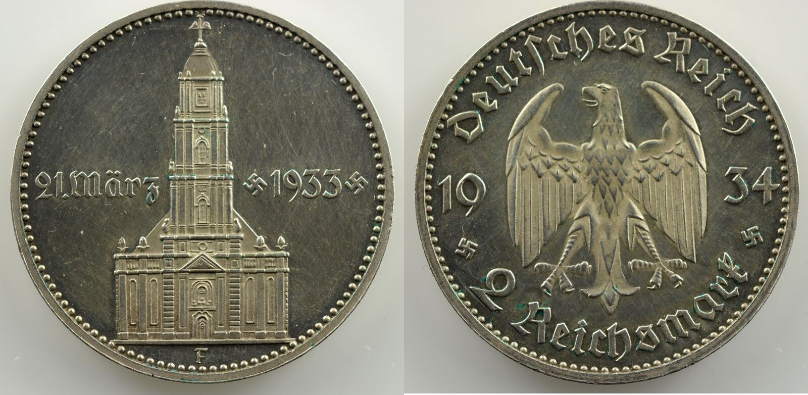 German coins 3° Reich (1933-1945) 2 Reichsmark 2 Reichsmark 1934 F Eglise de la Garnison de ...