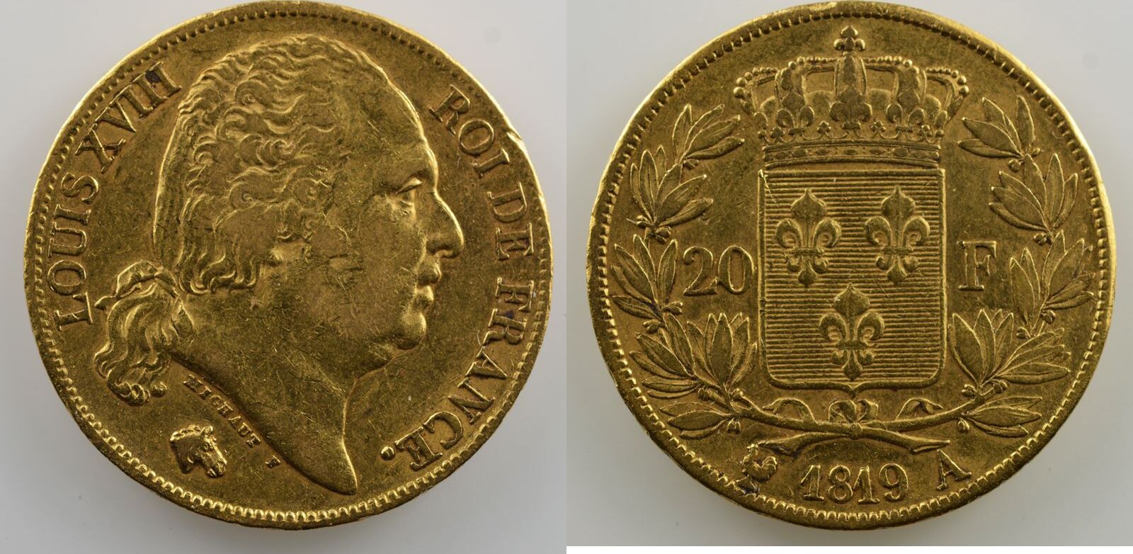 French gold coins 20 Francs G.1028 20 Francs Louis XVIII buste nu 1819 A (Paris) TB+/TTB F+ / VF ...