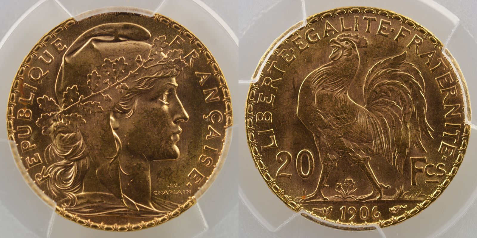 French gold coins 20 Francs G.1064 20 Francs Marianne 1906 PCGS-MS65 FDC BU | MA-Shops