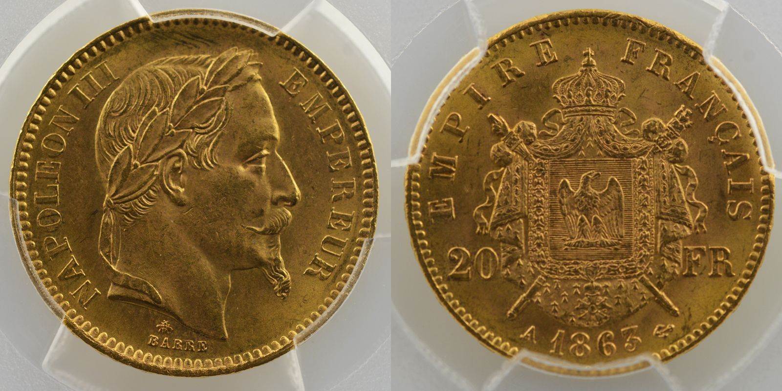 French gold coins 20 Francs G.1062 20 Francs Napoléon III, tête laurée 1863 A (Paris) PCGS-MS64 ...