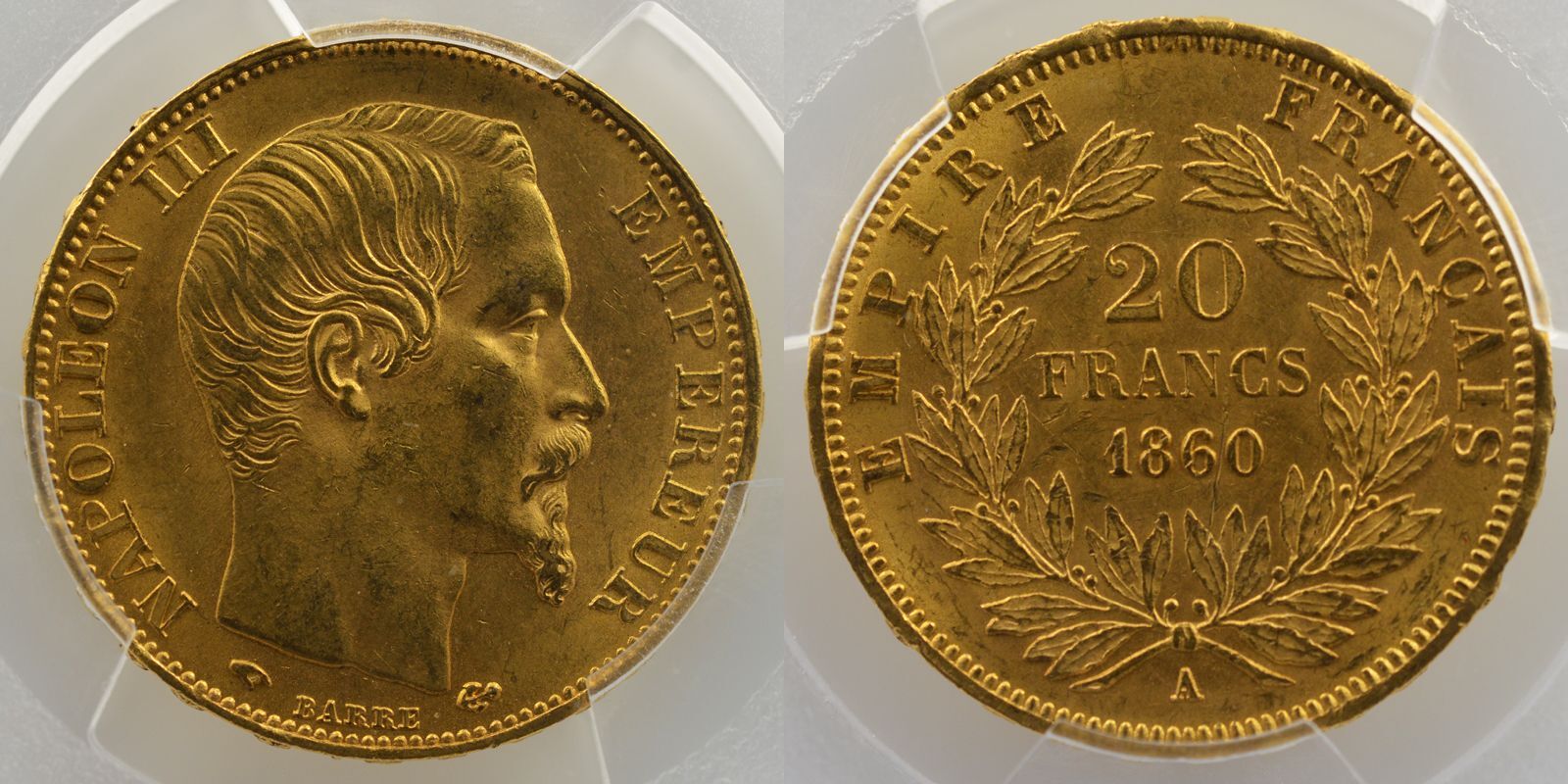 French gold coins 20 Francs G.1061 20 Francs Nap.III, tête nue 1860 A (Paris) PCGS-MS64 pr.FDC ...