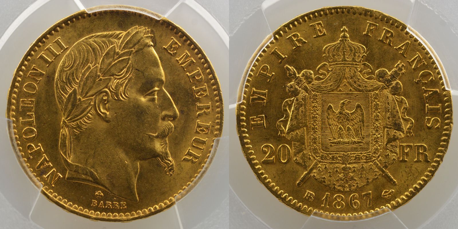 French gold coins 20 Francs G.1062 20 Francs Napoléon III, tête laurée 1867 BB (Strasbourg) PCGS ...
