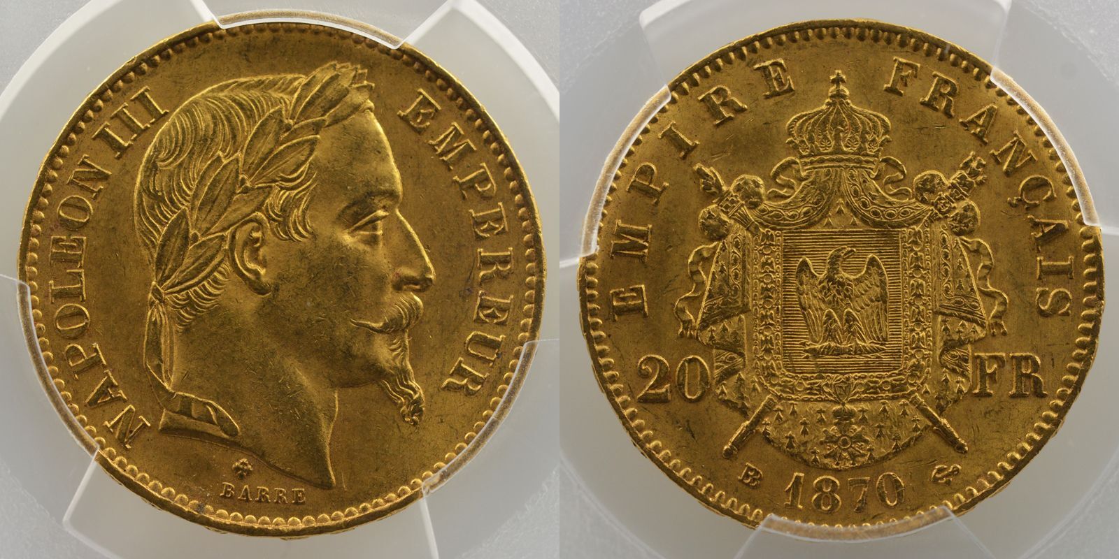 French gold coins 20 Francs G.1062 20 Francs Napoléon III, tête laurée 1870 BB (Strasbourg) PCGS ...