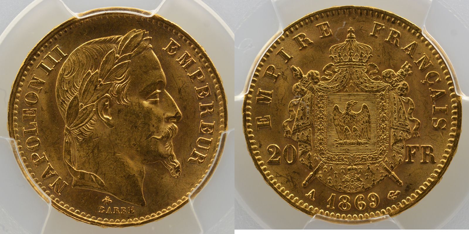 French gold coins 20 Francs G.1062 20 Francs Napoléon III, tête laurée 1869 A (Paris) PCGS-MS63 ...