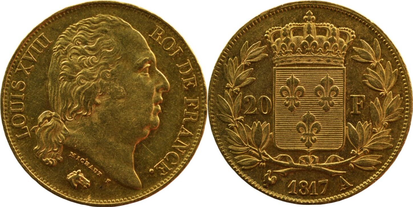 French gold coins 20 Francs G.1028 20 Francs Louis XVIII buste nu 1817 A (Paris) SUP EF | MA-Shops