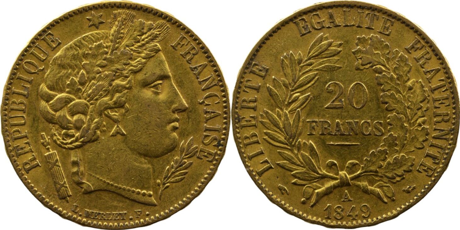 French gold coins 20 Francs G.1059 20 Francs Cérès 1849 A (Paris) millésime serré TTB/TTB+ | MA ...