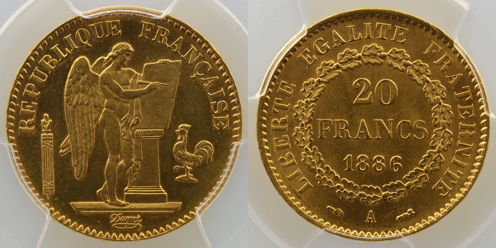 French gold coins 20 Francs G.1063 20 Francs Génie 1886 A (Paris) PCGS-MS65 FDC | MA-Shops