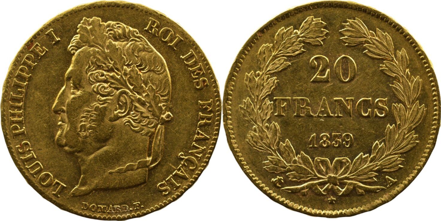 French gold coins 20 Francs G.1031 20 Francs L-Ph I, tête laurée 1839 A (Paris) TTB | MA-Shops