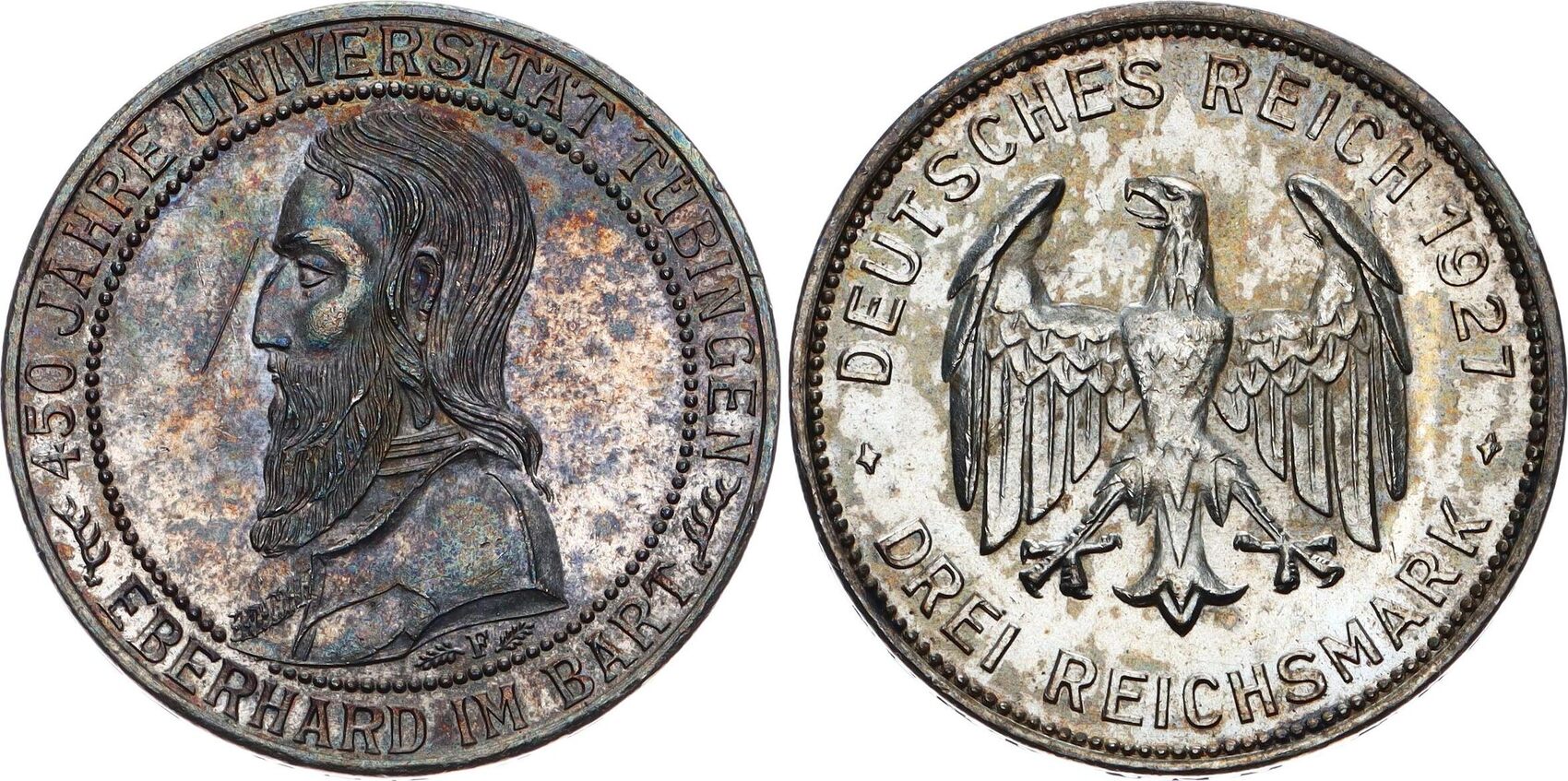 Deutschland - Weimar 3 Mark 1927 F Weimarer Republik - 3 Reichsmark Eberhard im Bart - Uni ...