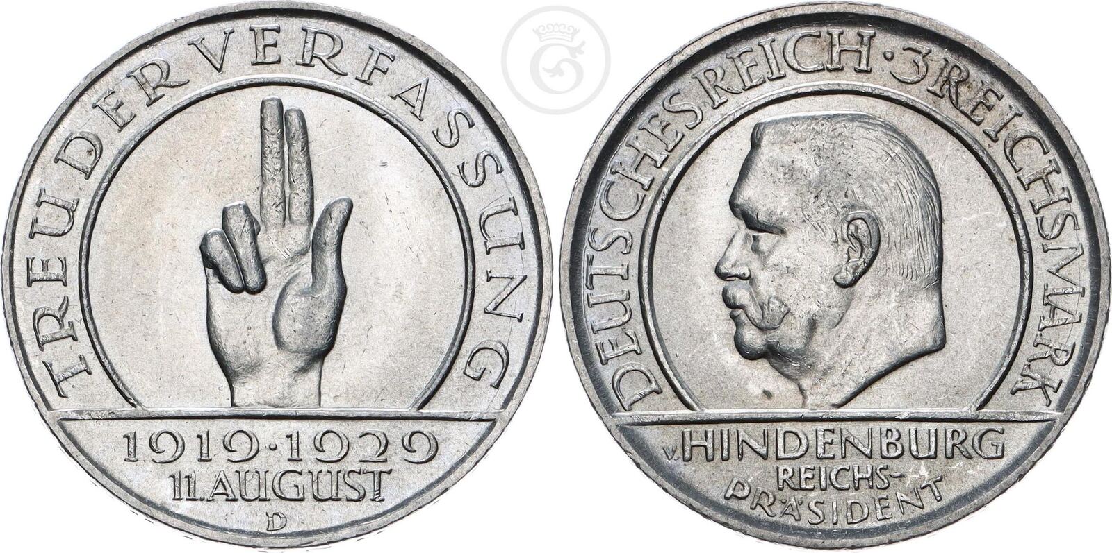 Deutschland - Weimar 3 Mark 1929 D Weimarer Republik - 3 Reichsmark Schwurhand - Hindenburg ...