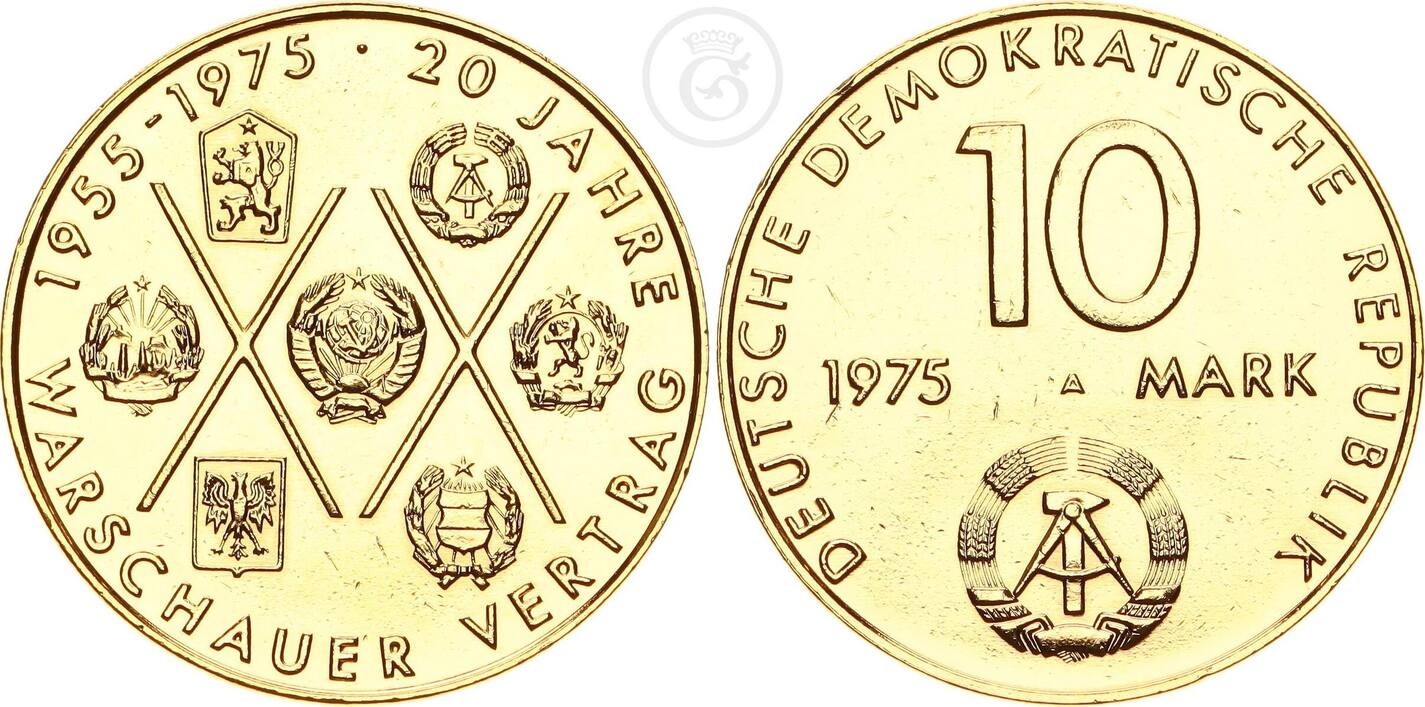 Deutschland DDR 10 Mark 1975 Warschauer Vertrag CH UNC, vergoldet | MA-Shops