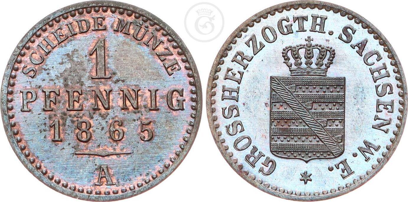 Sachsen-Weimar-Eisenach 1 Pfennig 1865 A Carl Alexander 1853-1901 CH UNC, avers leichter Belag ...