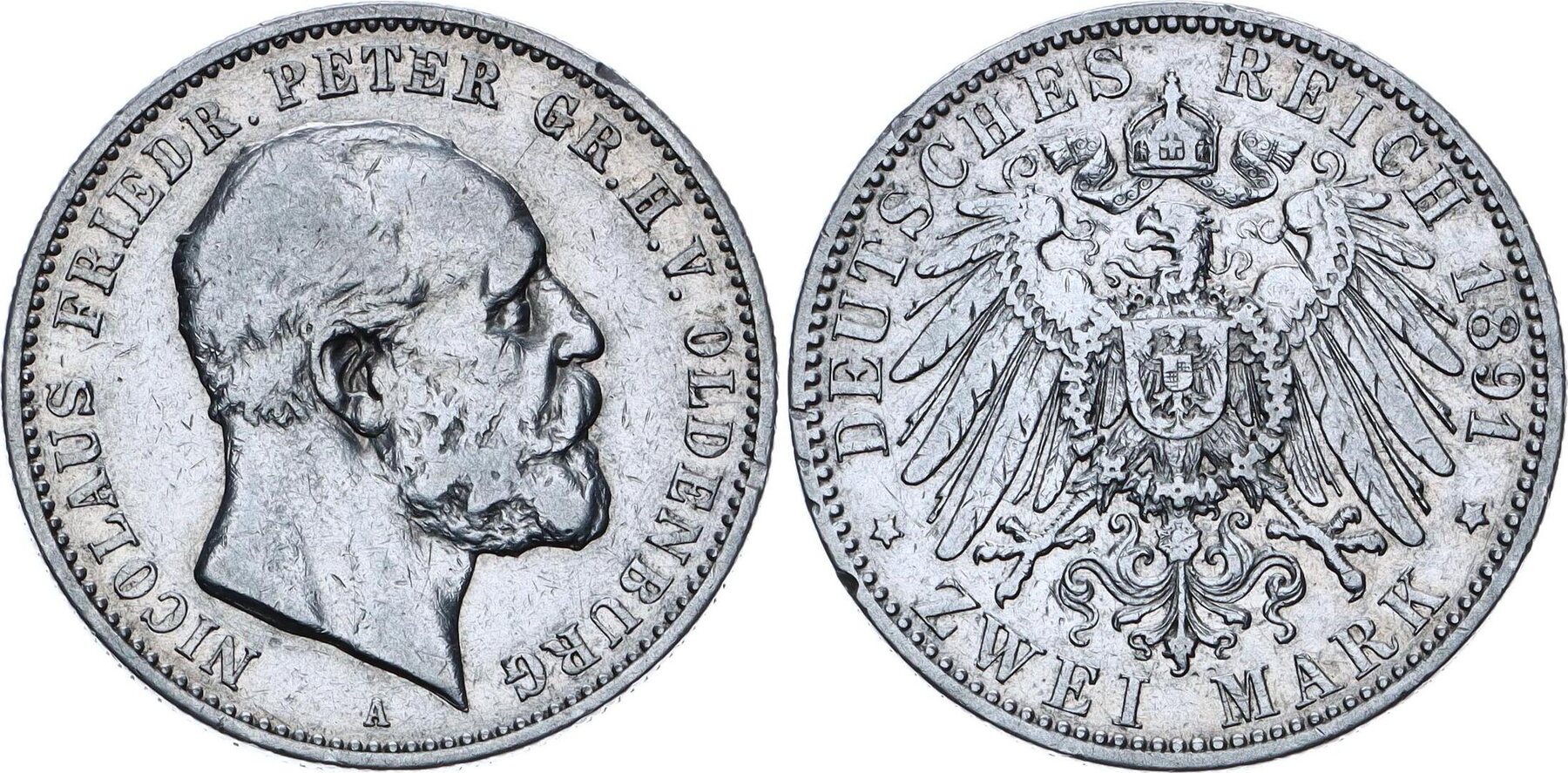 Deutsches Kaiserreich - Oldenburg 2 Mark 1891 A Großherzogtum Oldenburg ...