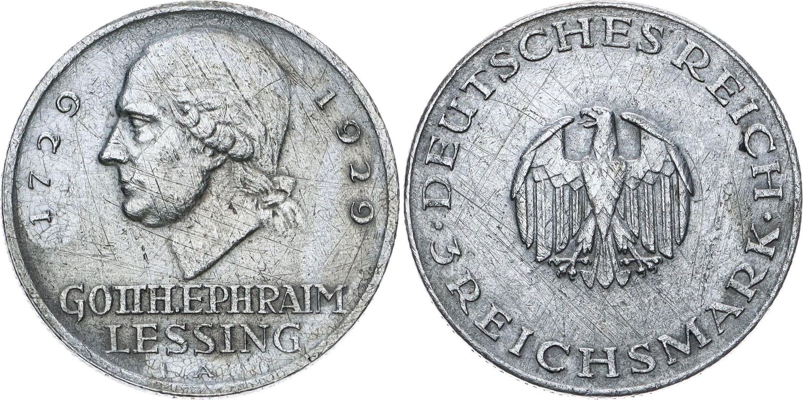 Deutschland - Weimar 3 Mark 1929 A Weimarer Republik - 3 Reichsmark Lessing VF Kratzer und ...