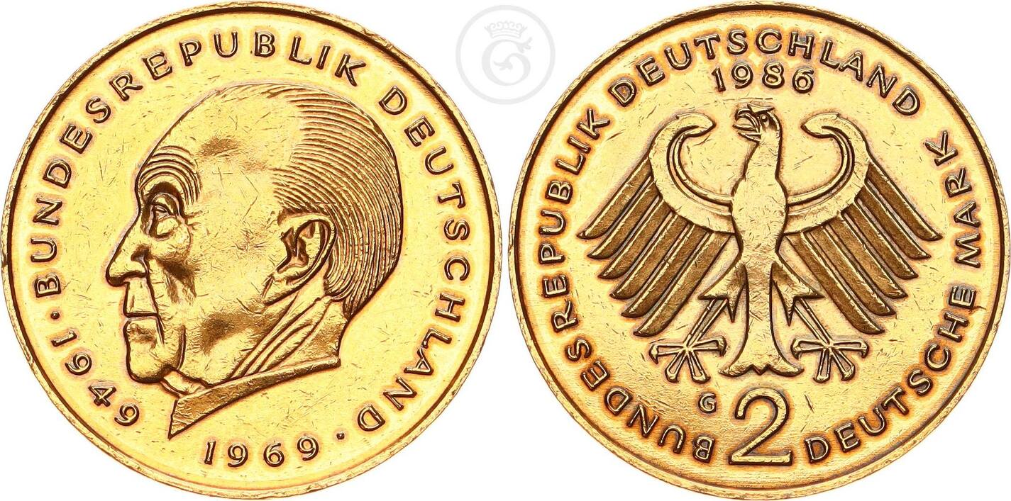 Deutschland BRD 2 Mark 1986 G 2 Deutsche Mark - 2 DM Adenauer vergoldet ...