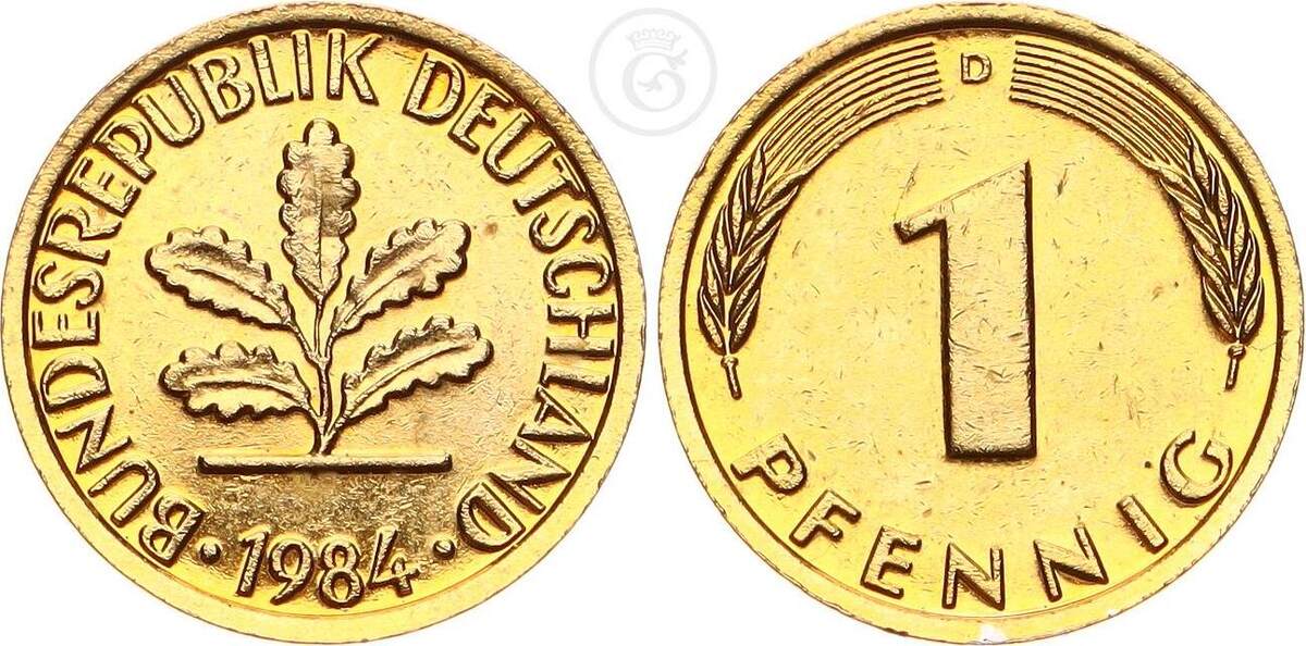 Deutschland BRD 1 Pfennig 1984 D Glückspfennig vergoldet | MA-Shops