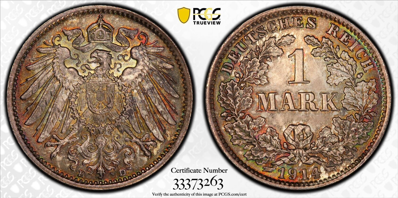 Deutsches Kaiserreich 1 Mark 1914 D J-17 PCGS zertifiziert - Prachtexemplar, stempelglanz ...