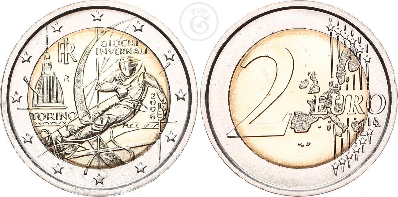 Italien 2 Euro Olympische Winterspiele in Turin 2006 CH UNC in Kapsel ...
