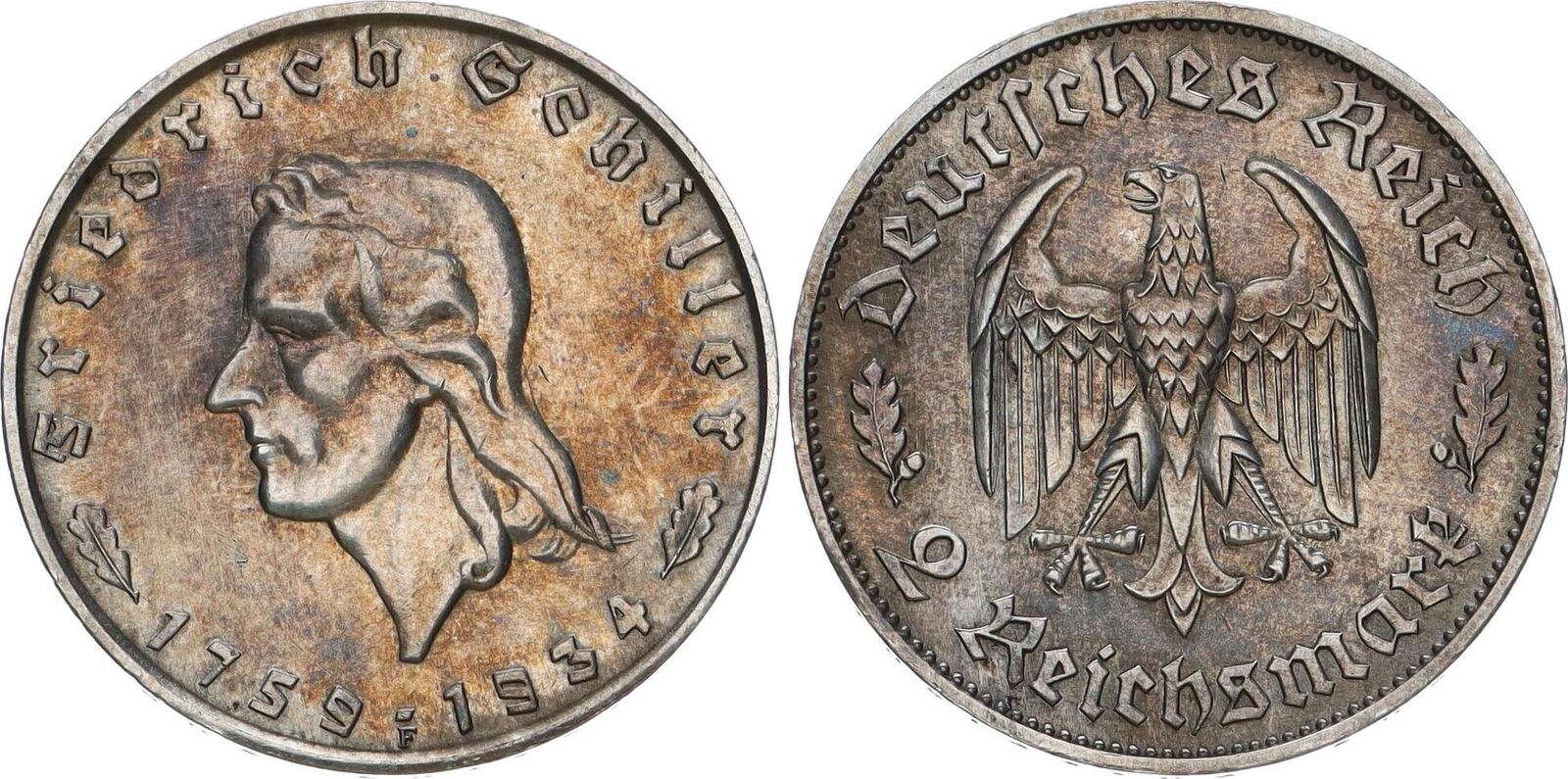 Deutschland - Drittes Reich 2 Mark 1934 F 2 Reichsmark Schiller EF ...