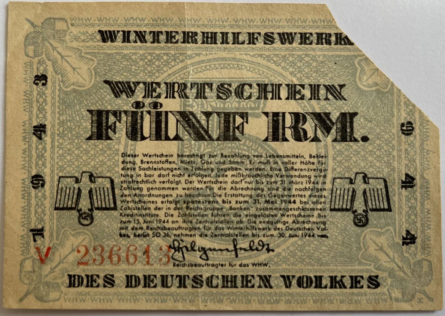 Derde Rijk vijf reichsmark 1944 winterhilfe VF/XF | MA-Shops