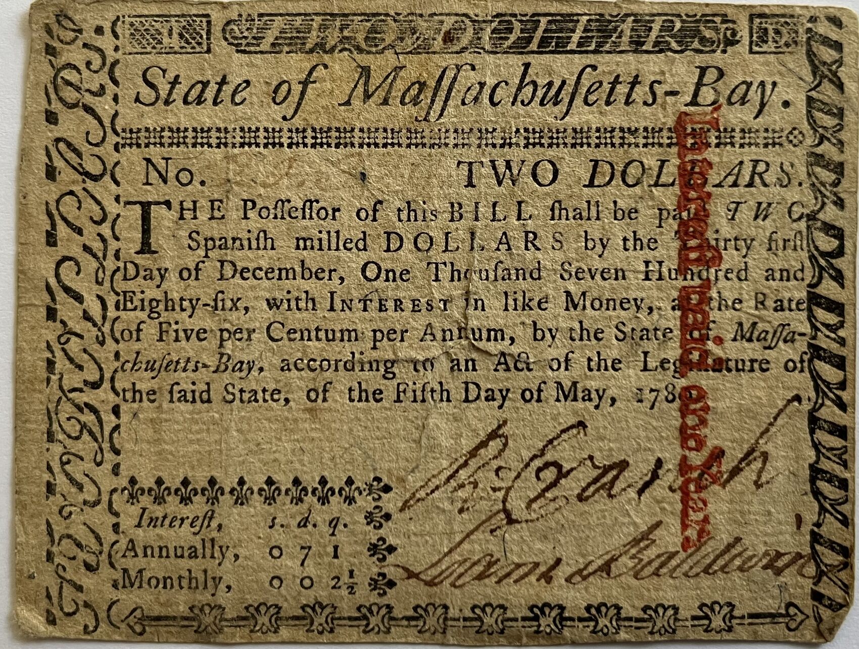 Massachusetts State two dollars 1780 pinholes and small centrum tears ...