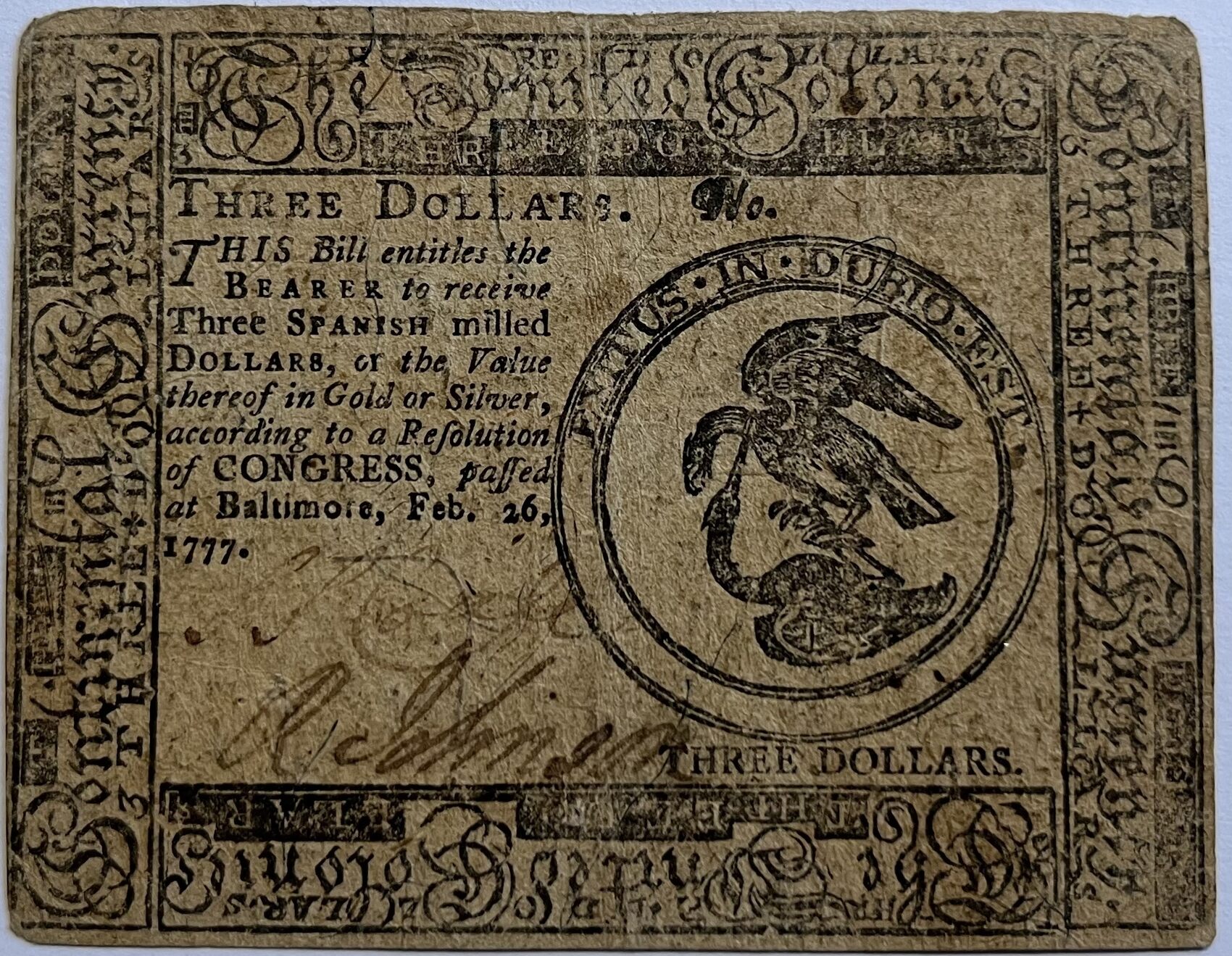 Baltimore three dollar 1777 continental currency VF | MA-Shops