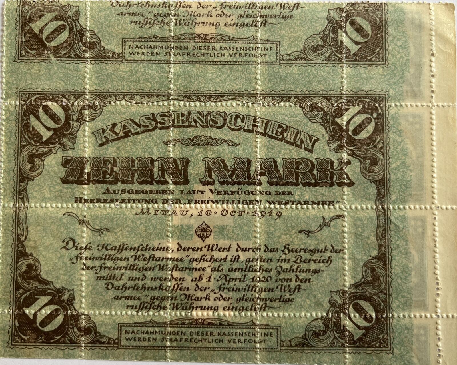 Mitau ten mark 1919 independent west army under colonel Avalov-Bermondt ...