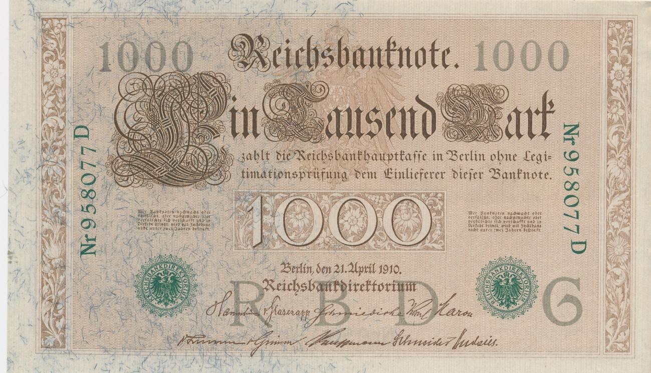 Kaiserreich Ein Tausend Mark 1910 Reichsbanknote Brauner Tausender KN ...