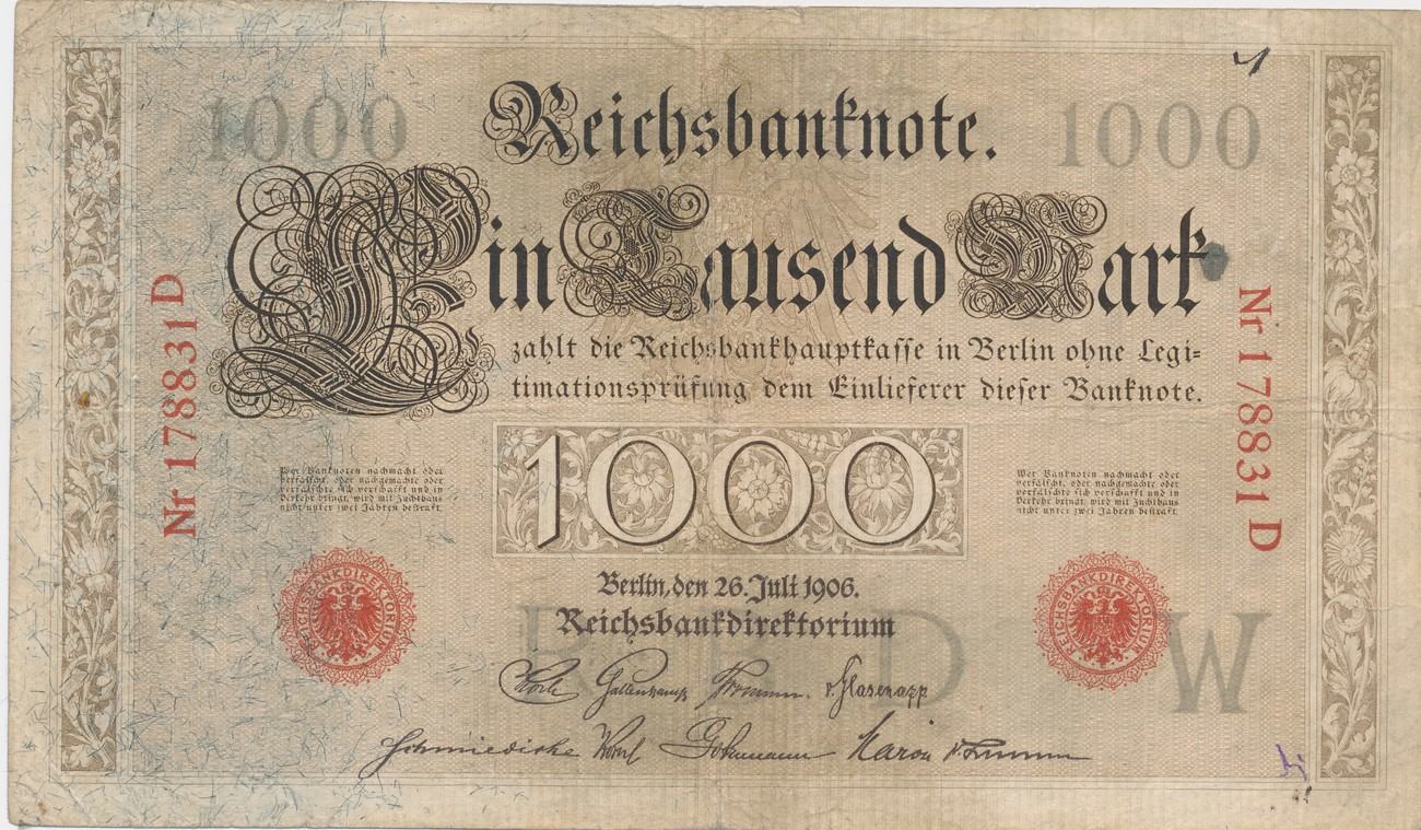 Ein Tausend Mark 1906 Reichsbanknote Udr._Bst.:W, Serie D, KN 6stellig ...