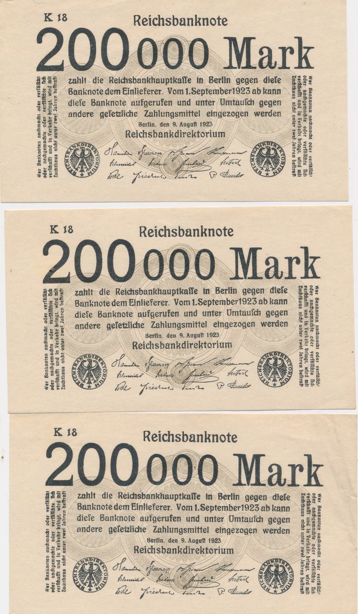 Deutschland 200 Tausend Mark 1923 3 Reichsbanknoten mit FZ: K | MA-Shops