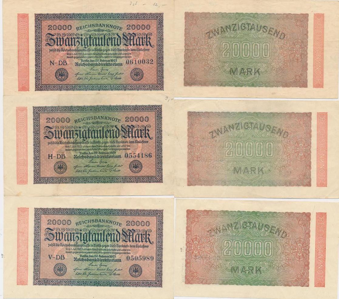 Deutschland 20 Tausend Mark 1923 Reichsbanknoten KN 7stellig, FZ: DB ...