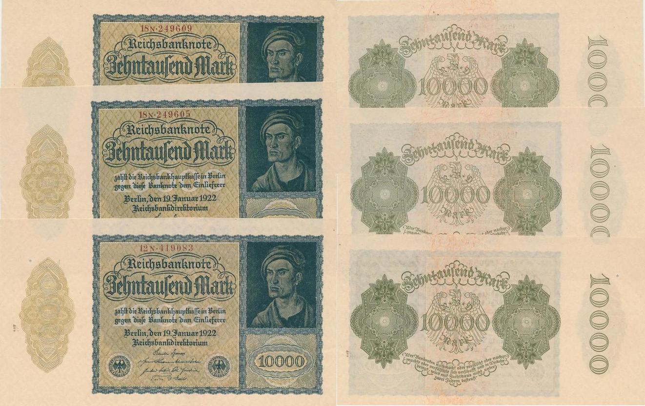 Deutschland 10 Tausend Mark 1922 3 Reichsbanknoten KN 6stellig | MA-Shops