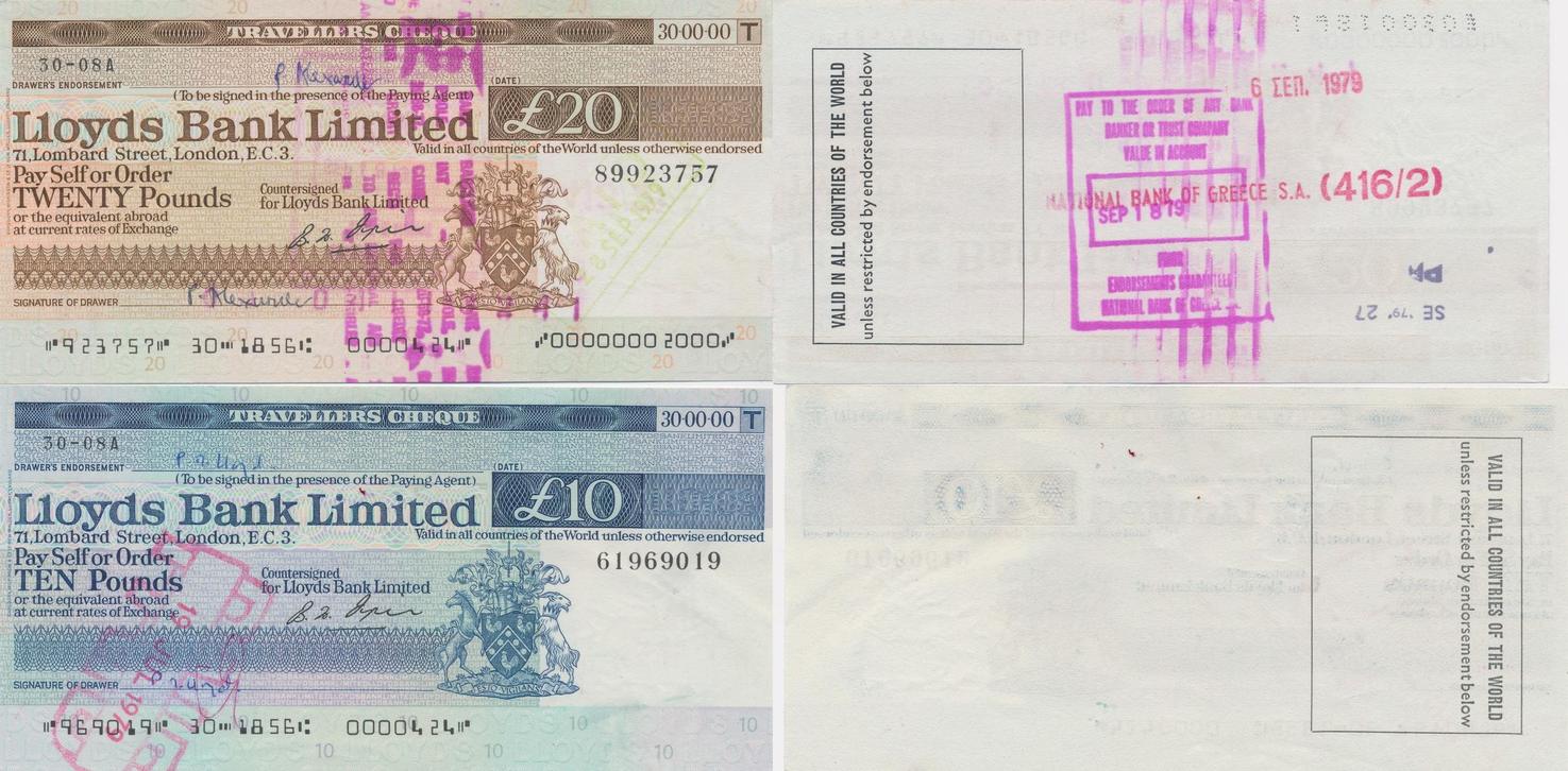England 2 Lloyds Bank Travellers Cheque 10+20 Pound 1980 | MA-Shops