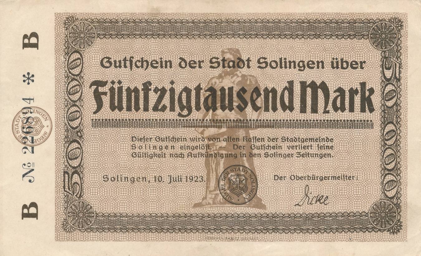Solingen 50 Tausend Mark 1923 Notgeldschein der Stadt, Papier VF | MA-Shops