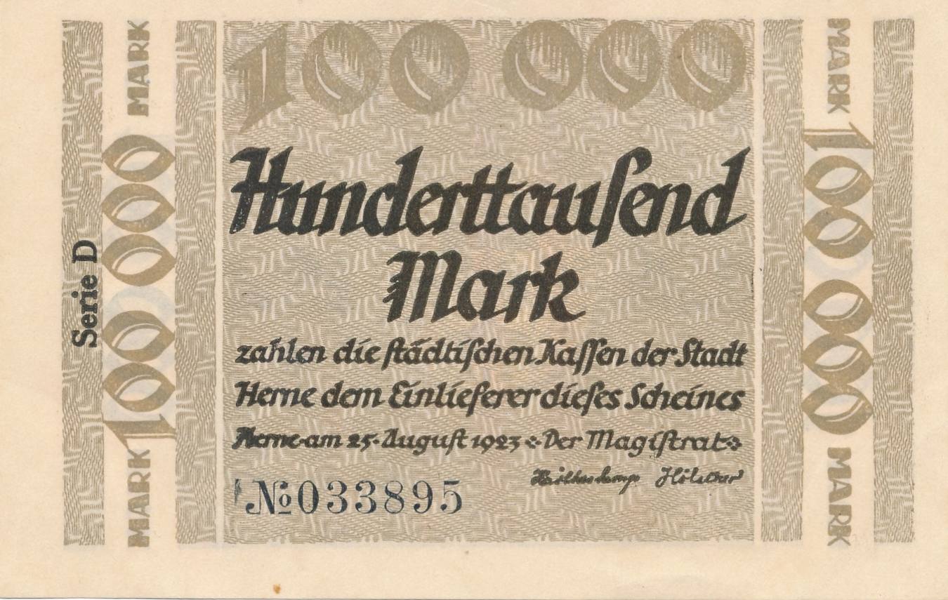 Herne 100 Tausend Mark 1923 Notgeldschein Notgeld der Stadt I | MA-Shops