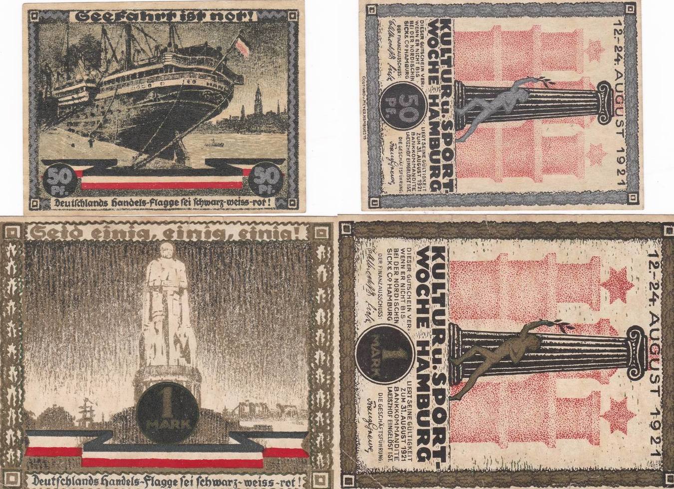 50 Pfenning 1 Mark 12-24.8.1921 2 Notgeldscheine aus Hamburg | MA-Shops