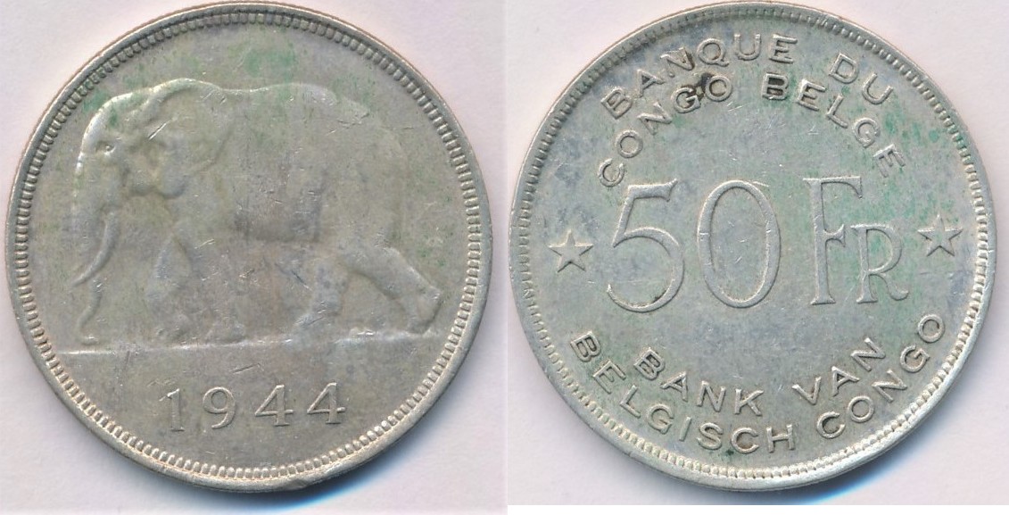 Belgisch Congo 50 Francs 1944 Elephant Elefant Kongo VF | MA-Shops