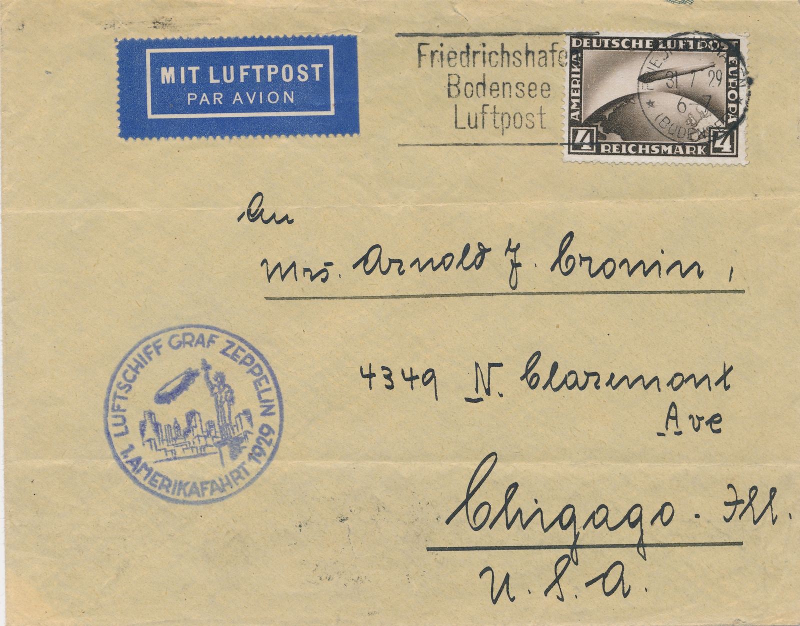 Brief mit Luftpost mit Sonderstempel LZ Graf Zeppelin, 1929 | MA-Shops