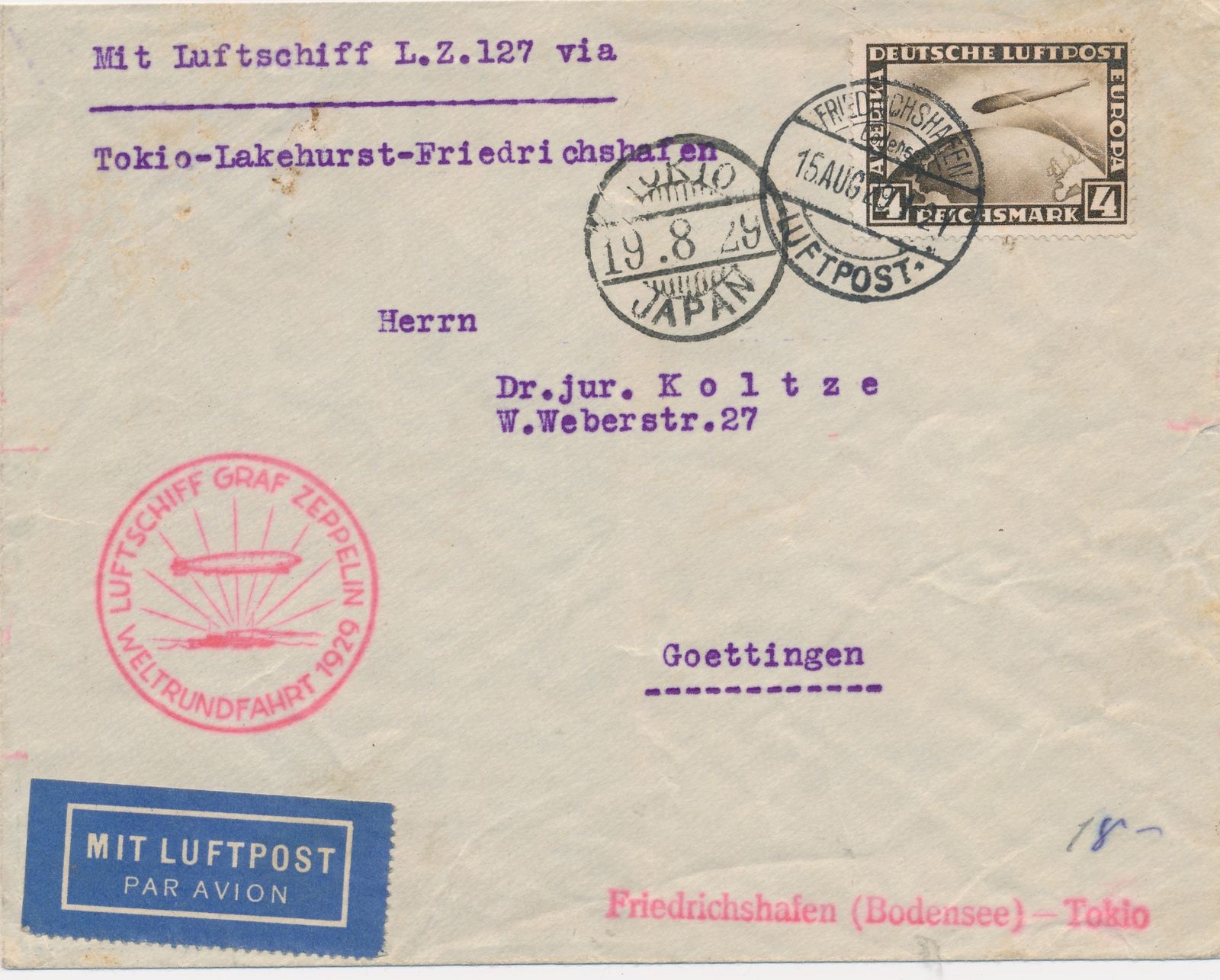 Brief mit Luftpost mit Sonderstempel LZ Graf Zeppelin, 1929 | MA-Shops