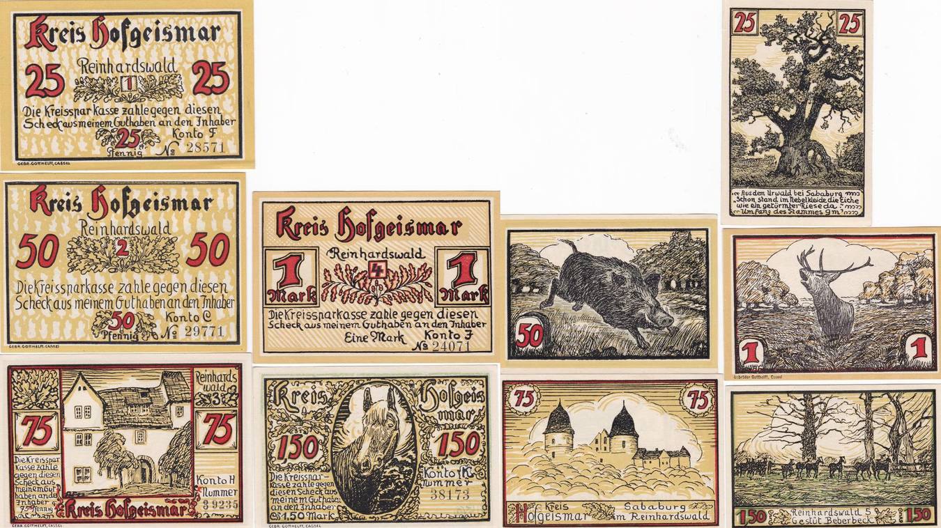 25 50 75 Pfenning 1 1,50 Mark Fünf Notgeldscheine aus Hofgeismar EF ...