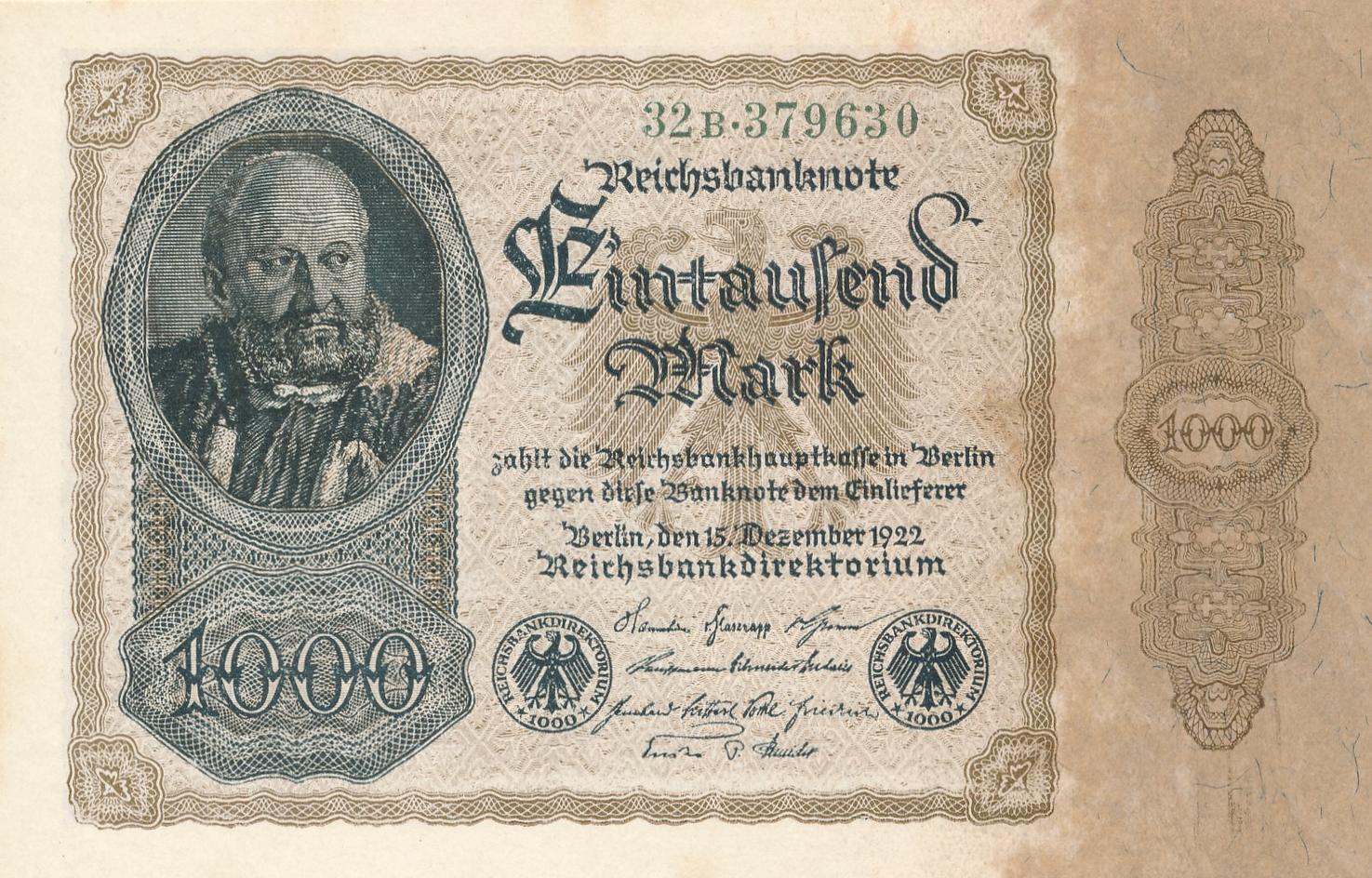 Deutschland 1000 Mark 1922 Reichsbanknote FZ: B, 6stellig | MA-Shops