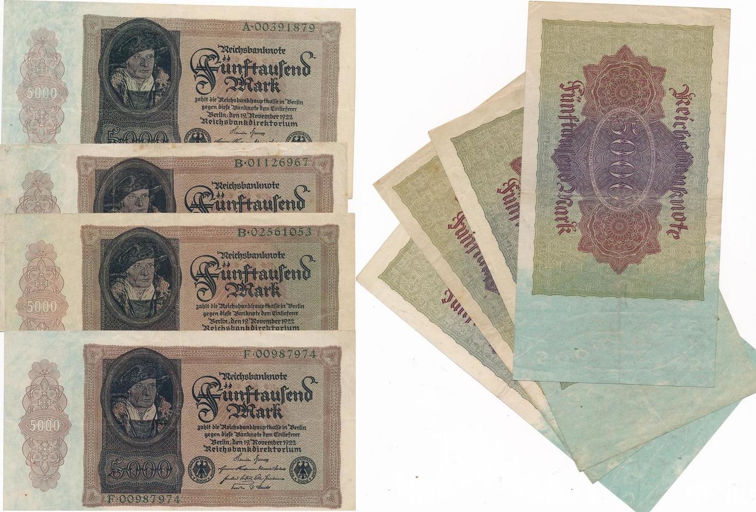 Deutschland 5000 Mark 1922 Reichsbanknote 4 Stück | MA-Shops