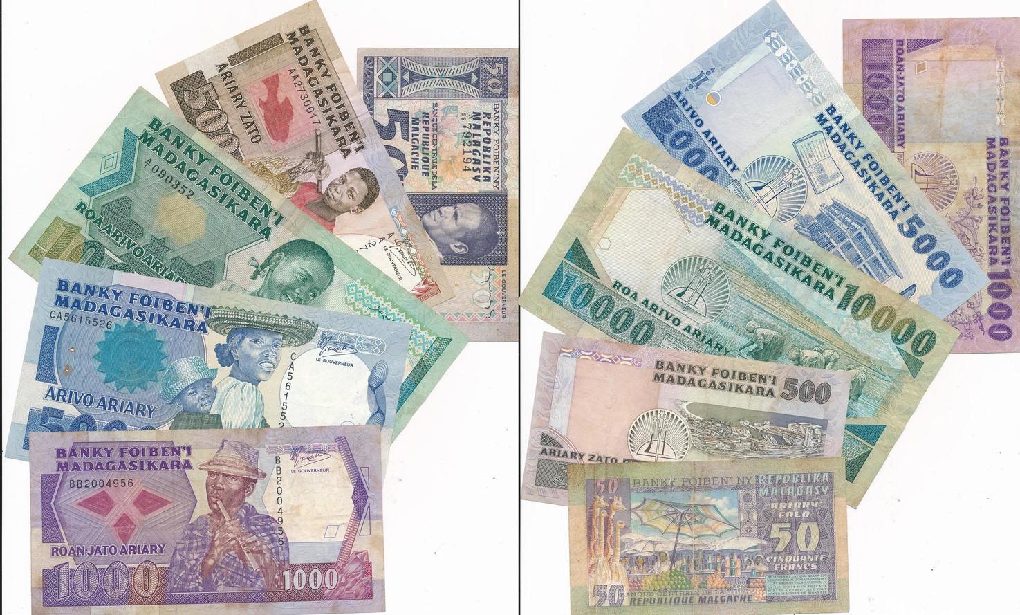 Madagaskar Lot 5 versch.Banknoten um 1980 v. 50 bis 10000 Francs | MA-Shops