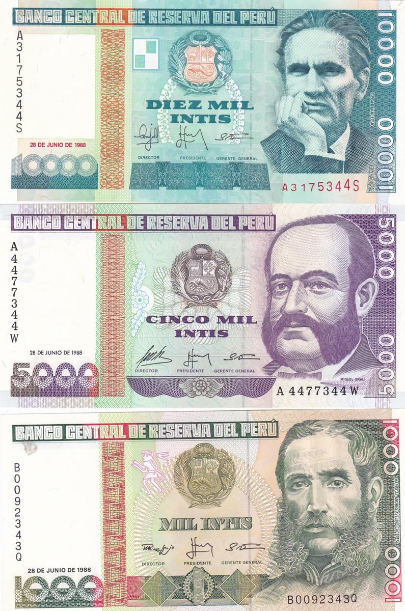 Peru 10 50 100 500 1000 5000 10000 Intis 1987 1988 Geldschein Banknote ...